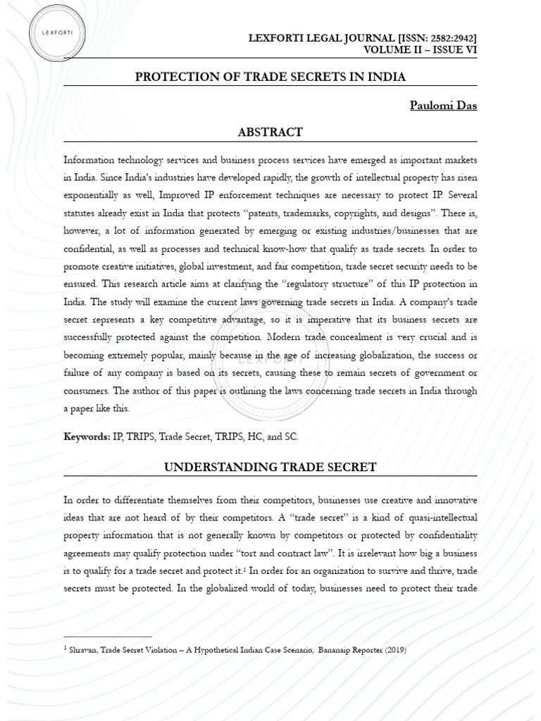 Protection of Trade Secrets in India Paulomi Das 1 | PDF | Trade Secret ...