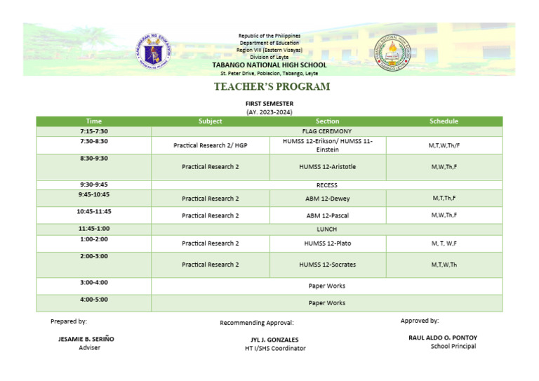 Tabango HS First Semester Schedule | PDF