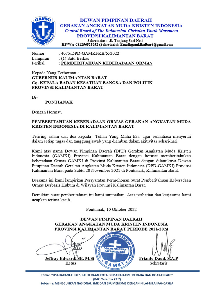 Surat Pengantar Ormas Gamki Ke Provinsi Kalimantan Barat | PDF