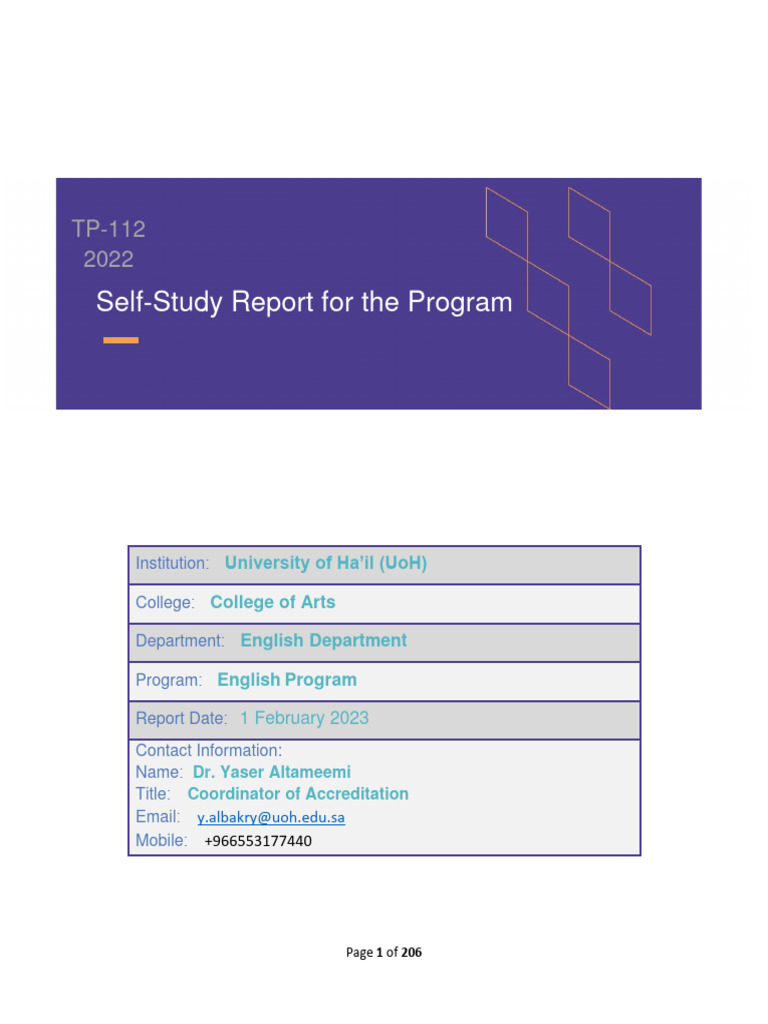 Self-Study Report: English Program UoH | PDF | Course Credit | Performance Indicator