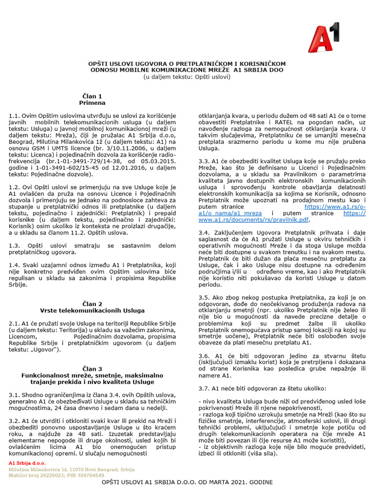 A1 Opsti Uslovi Ugovora Mart 2021 GTC | PDF