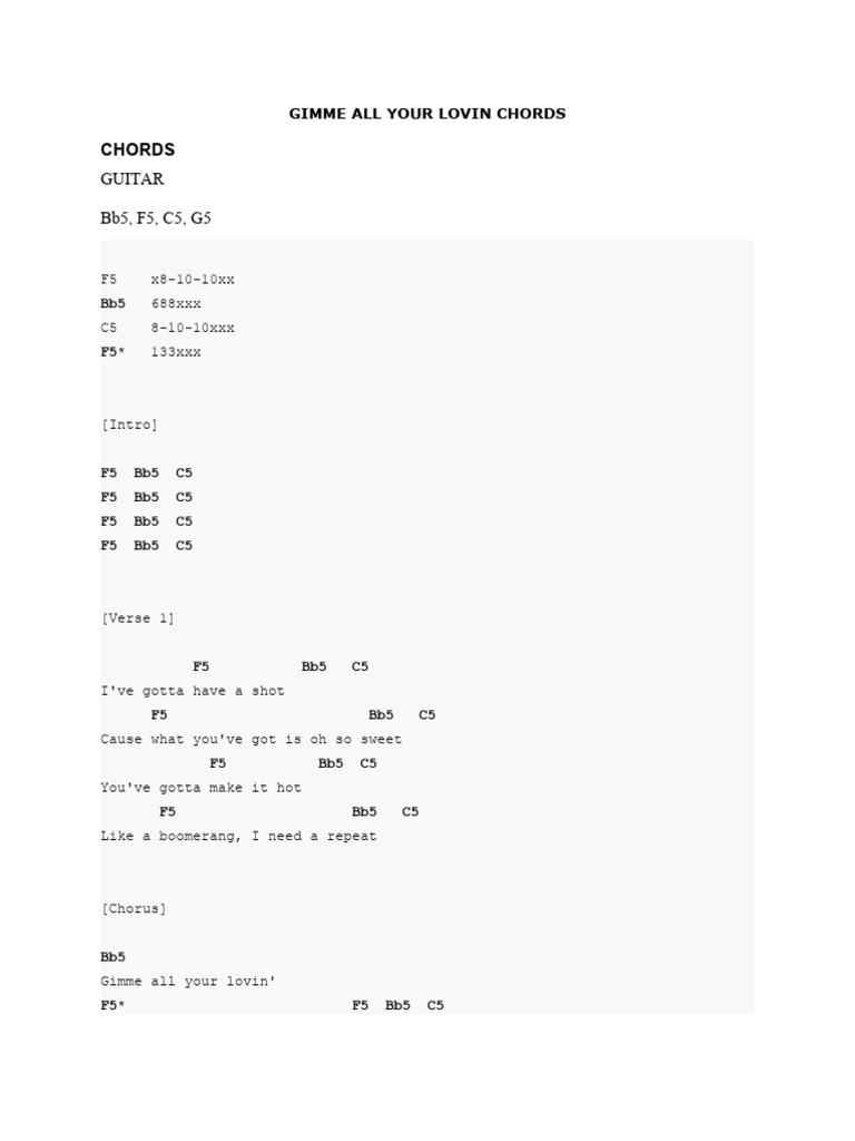 Gimme All Your Lovin' - Guitar Chords | PDF