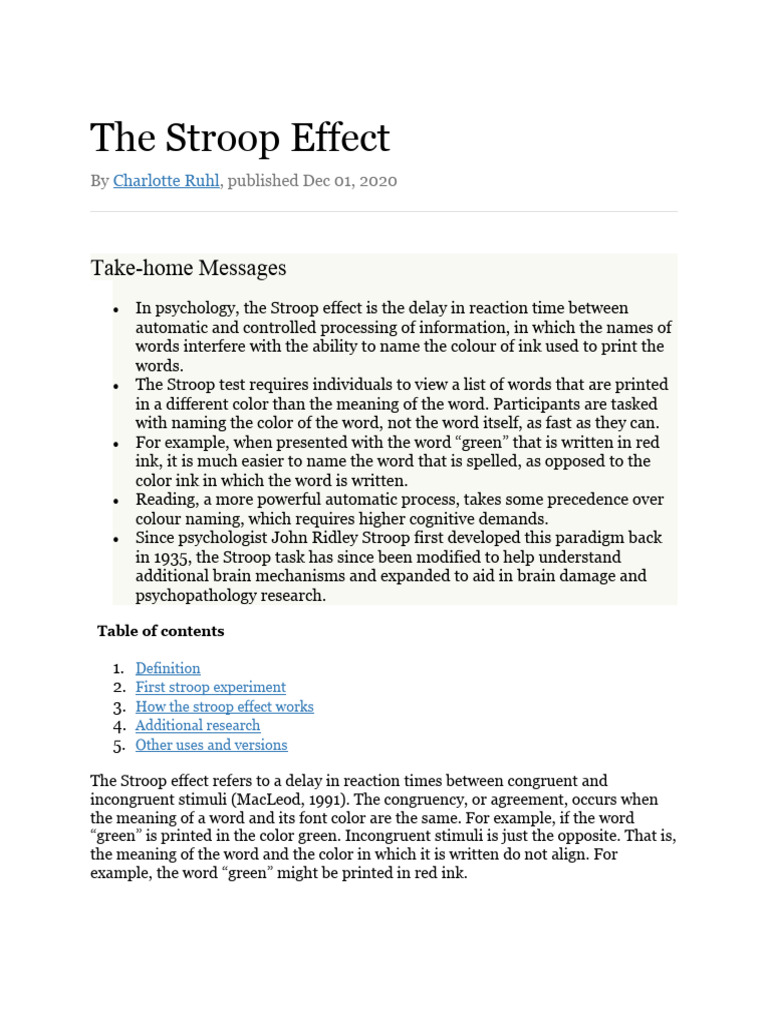 The Stroop Effect | PDF | Dorsolateral Prefrontal Cortex | Neuropsychology