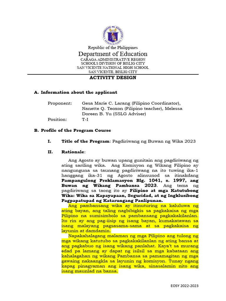 Activity Design BUWAN NG WIKA 2023 | PDF