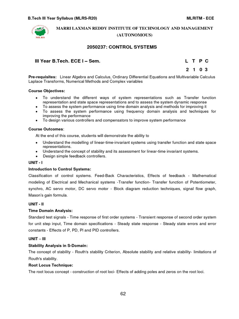 R20 - III B.Tech (ECE) I & II Sem Syllabus (MLRS R20) | PDF | Probability Distribution ...