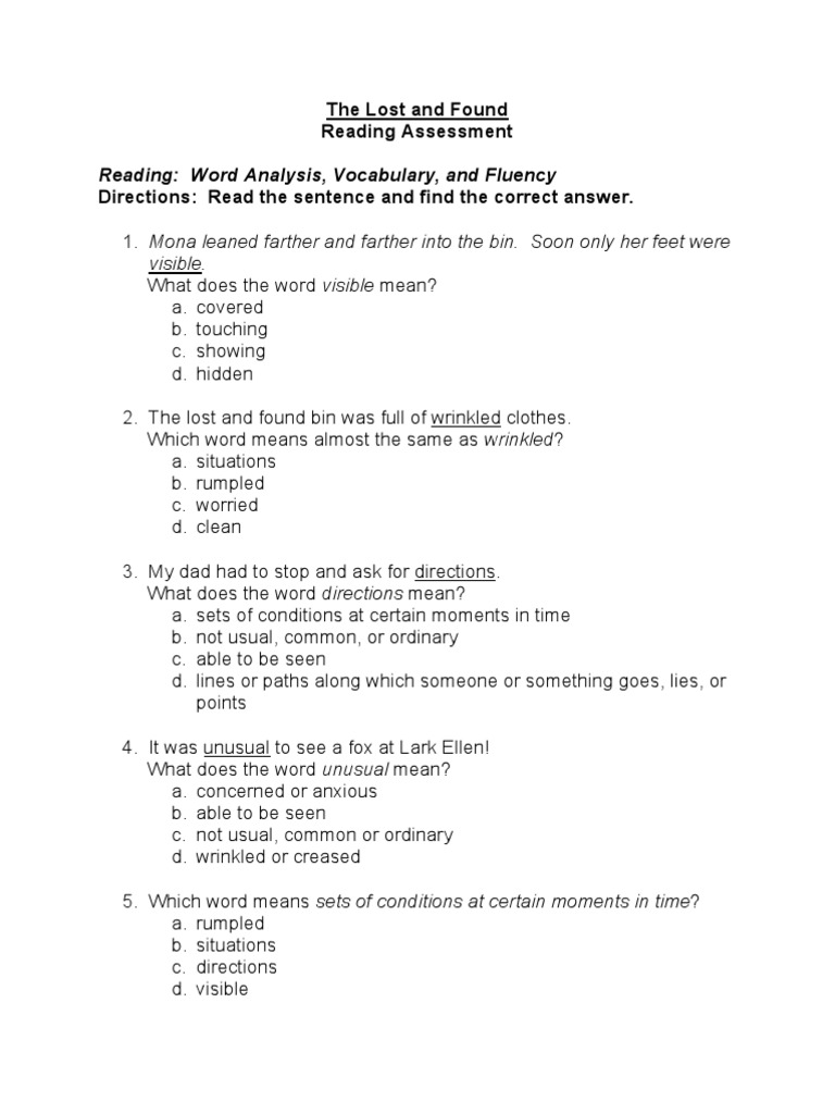 Lost and Found Reading Assessment | PDF | Foreign Language Studies