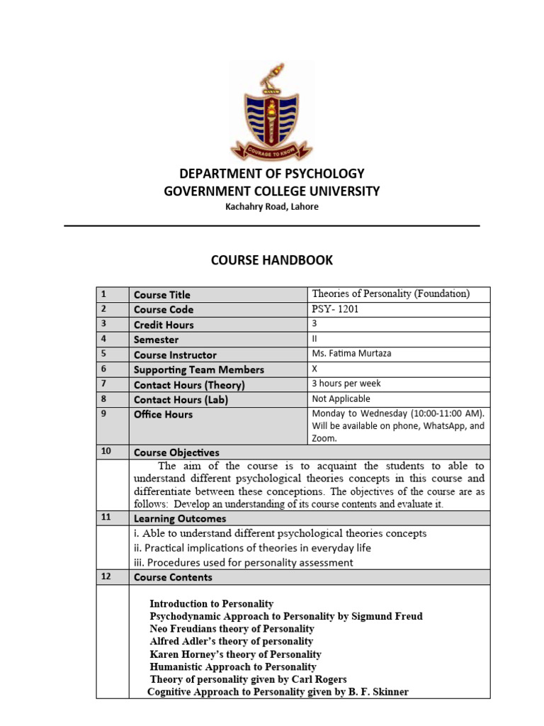 Theories of Personality Approved Course Handbook | PDF | Psychology ...