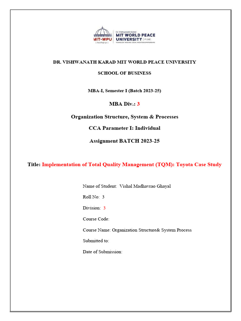 OSSP - CCA-1 Individual Assignment SOB 2023 | PDF | Lean Manufacturing | Quality (Business)