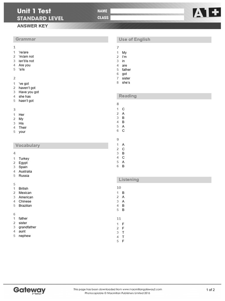 A1+ UNIT 1 Test Answer Key Standard | PDF | Languages | Foreign ...