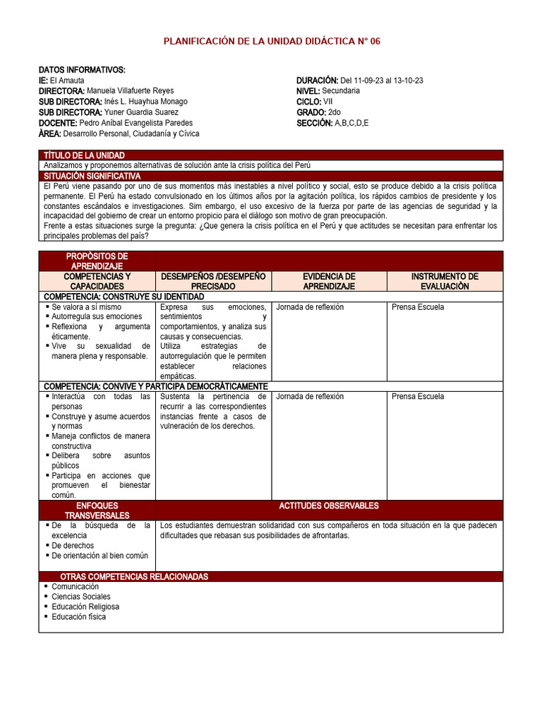 Unidad de Aprendizaje 06 DPCC 2do, Pedro Evangelista 2023 Paep | PDF | Aprendizaje | Salón de clases
