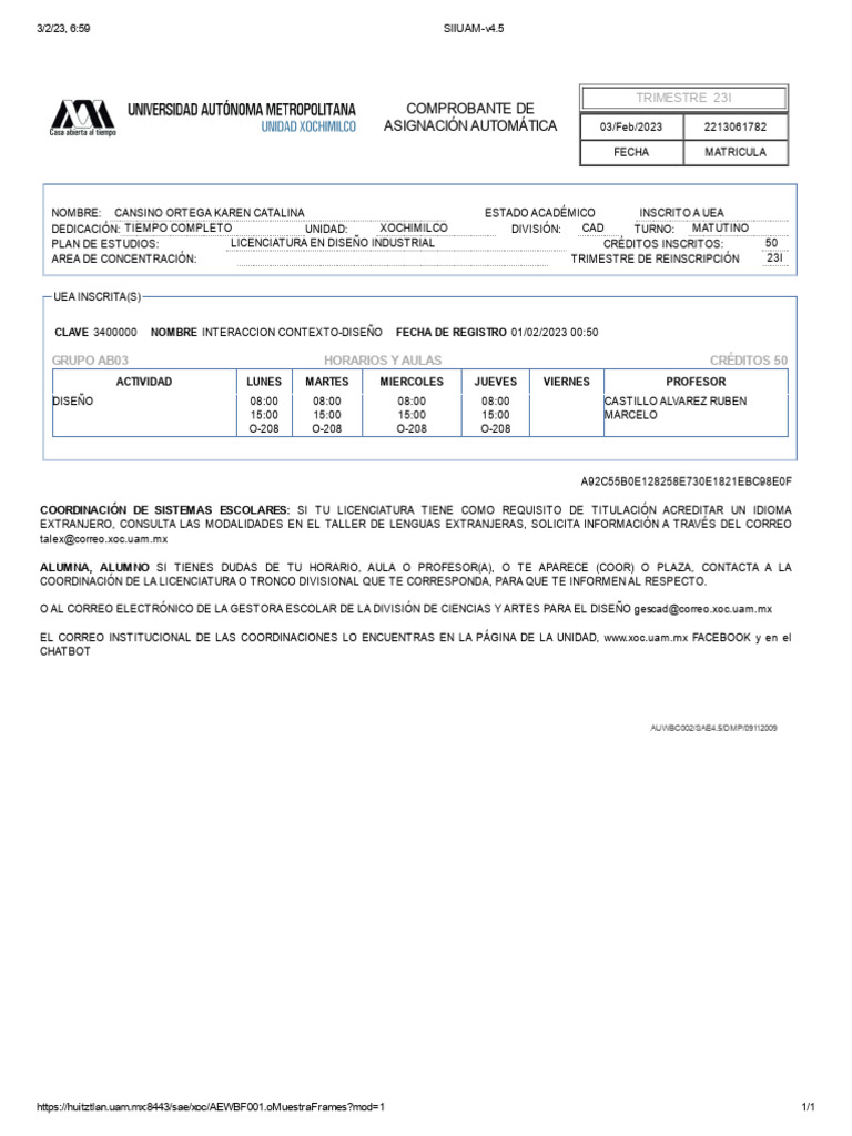 Horario de Clases UAM Xochimilco 23I | PDF