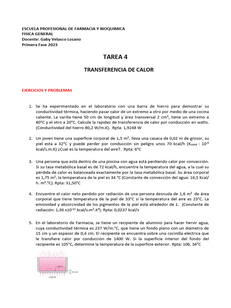 Tarea 4. Transferencia de Calor | PDF | Conduccion termica | Calor