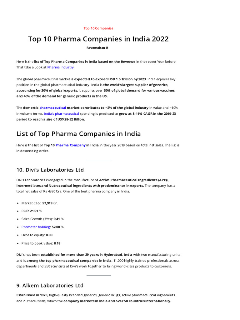 Top 10 Pharma Companies in India 2022 | PDF | Pharmaceutical Industry ...