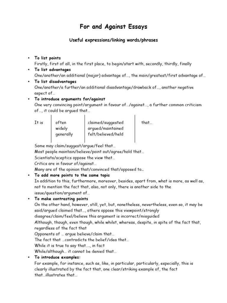For and Against Essays Useful Phrases | Download Free PDF | Intention ...