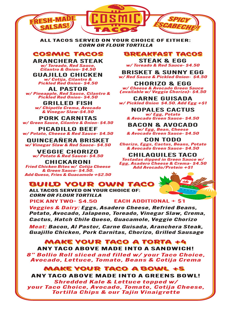 Cosmic Tacos's Menu | PDF | Taco | Sauce