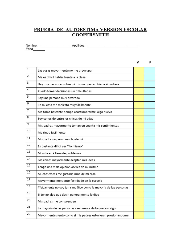 Prueba de Autoestima Version Escolar Coopersmith | PDF