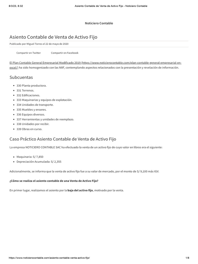 Asiento Contable de Venta de Activo Fijo | PDF | Contabilidad | Dinero