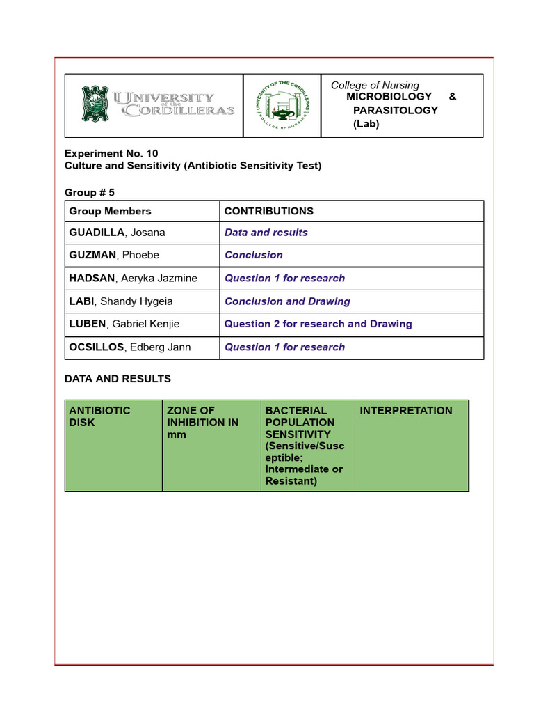 Group 5 - Experiment No.10 - Culture and Sensitivity | Download Free PDF | Diseases And ...