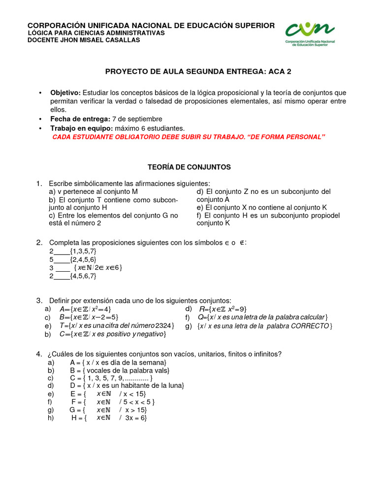 Aca 2 - Logica para Ciencias Administrativas | PDF | Conjunto (Matemáticas) | Proposición