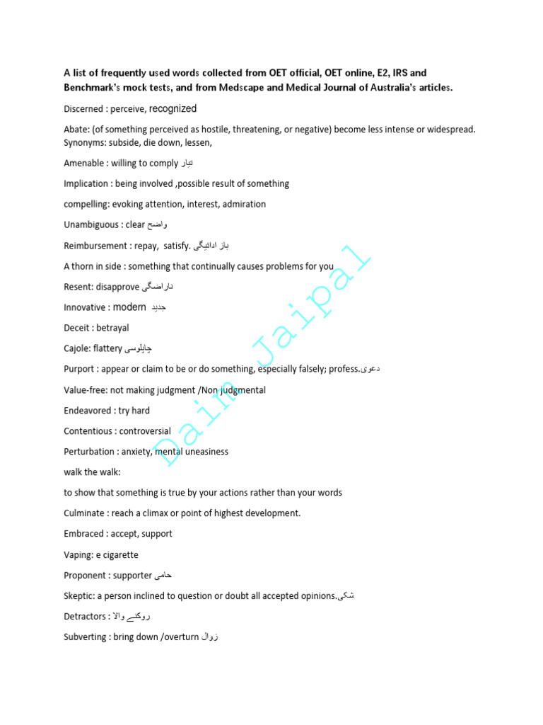 OET Vocabulary | PDF