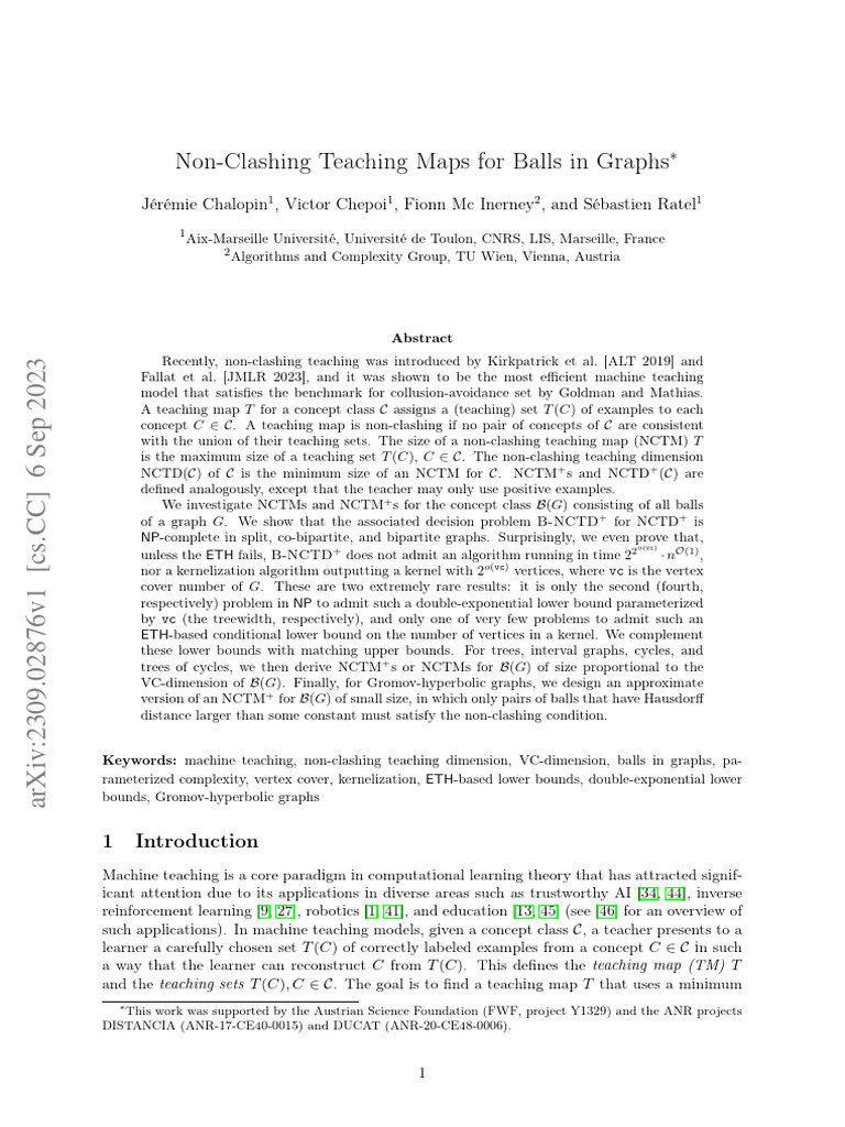 Non-Clashing Teaching Maps For Balls in Graphs | PDF | Vertex (Graph Theory) | Computational ...