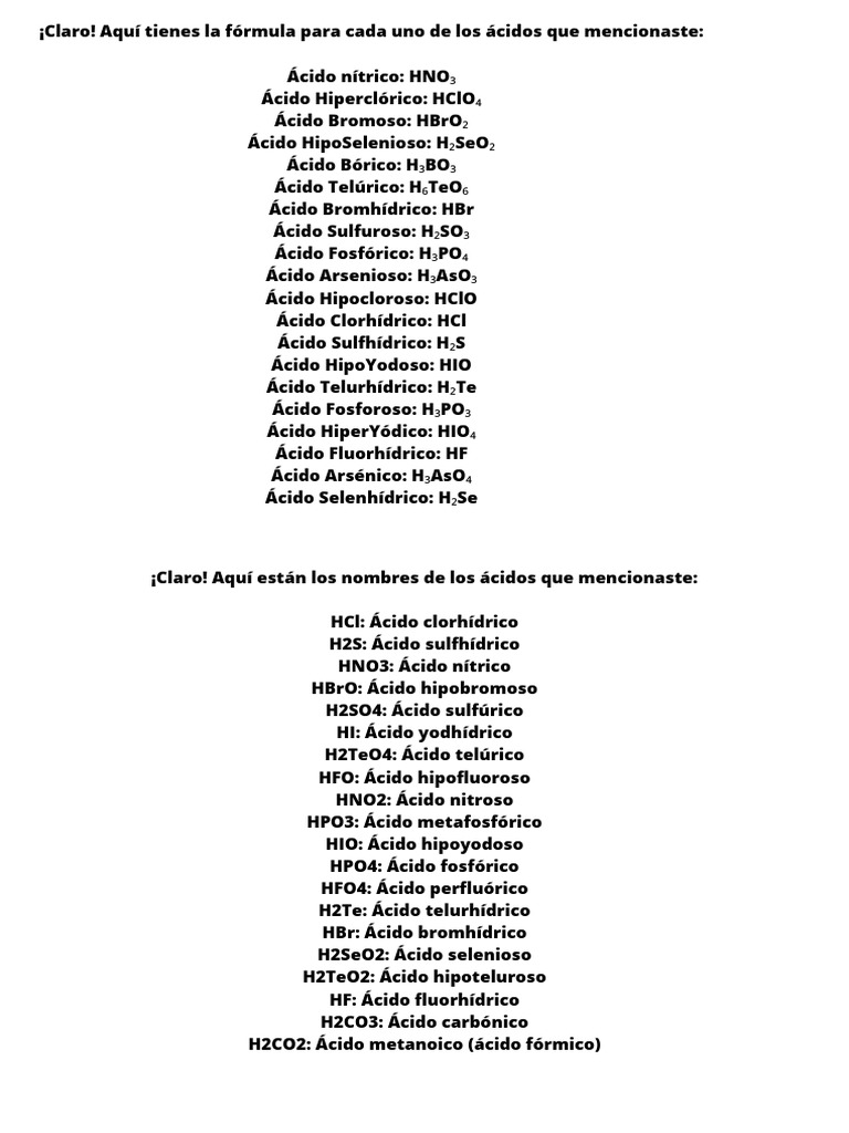 Fórmulas de Ácidos Comunes | PDF