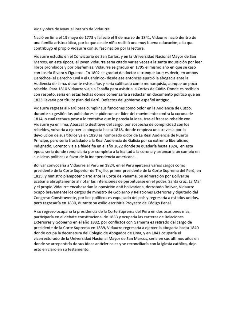 Vida y Obra de Manuel Lorenzo de Vidaurre | PDF | Perú | América del Sur