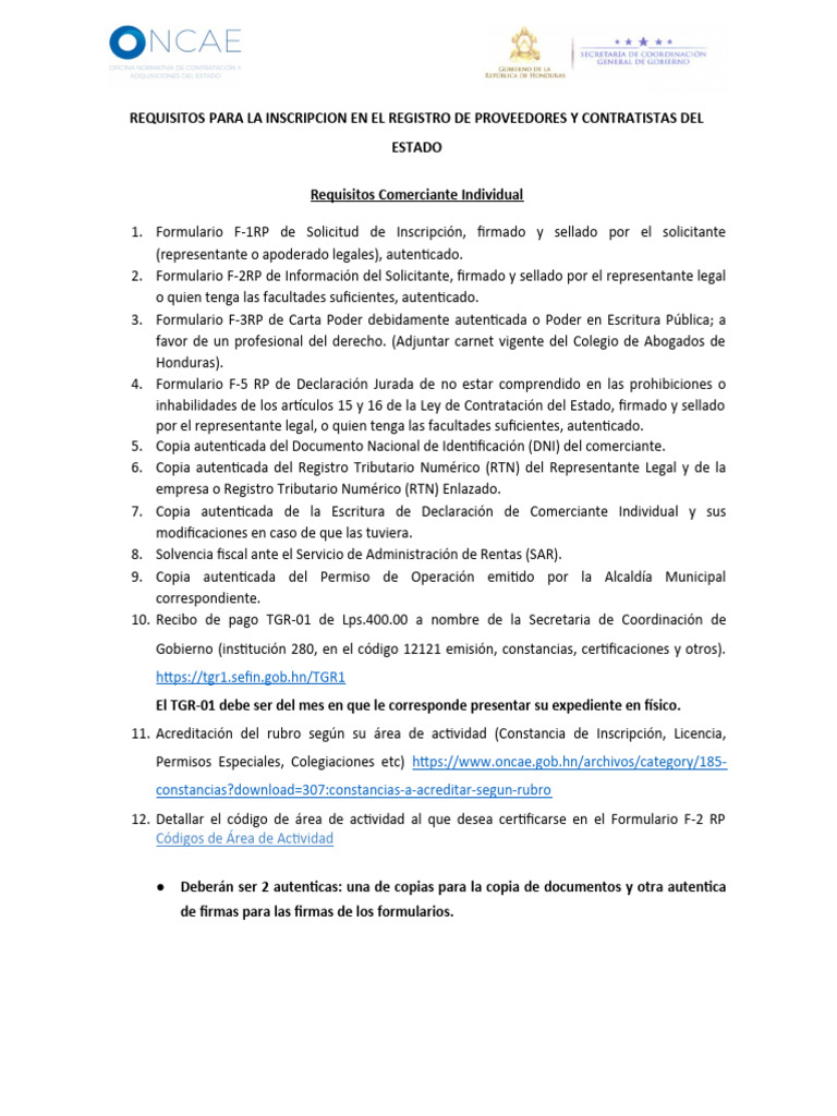 Requisitos y Formularios de Inscripción Comerciante Individual | PDF | Honduras
