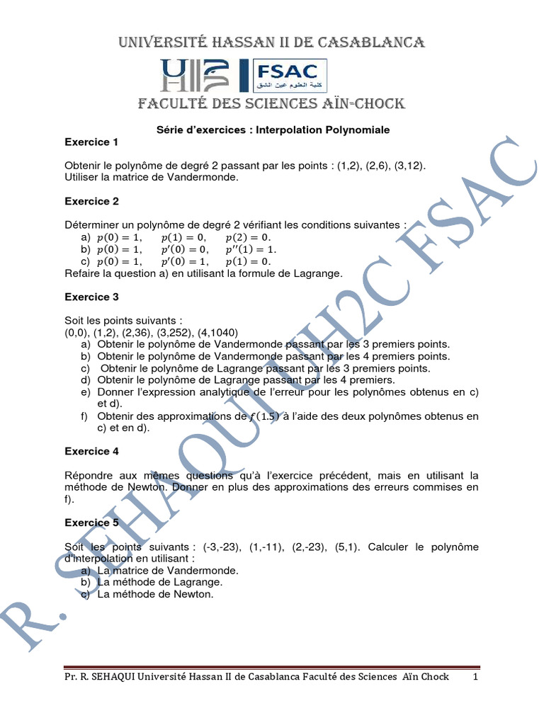 Exercices Interpolation Polynomiale | PDF | Analyse numérique ...