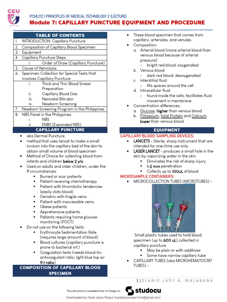 Module 7 Capillary Puncture Equipment AND Procedure | PDF | Blood ...