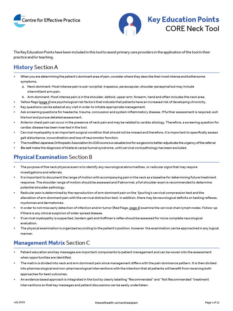 Clinically Organized Relevant Exam CORE Neck Tool Edited | PDF | Pain ...