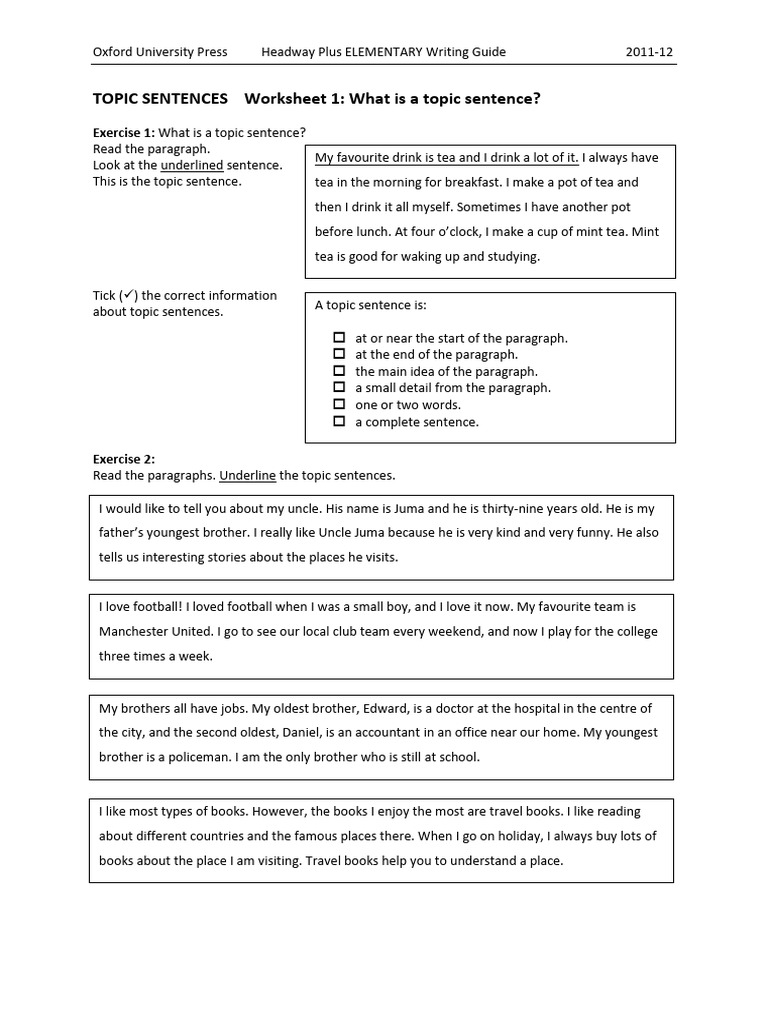 TOPIC SENTENCES Worksheet 1 What is a to (1) | PDF