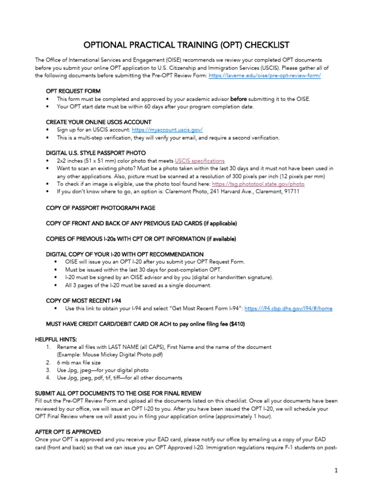 OPT Application Checklist for F-1 Students | PDF | Travel Visa | E Verify