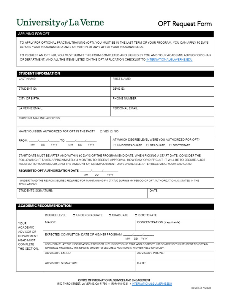 OPT Request Form | PDF