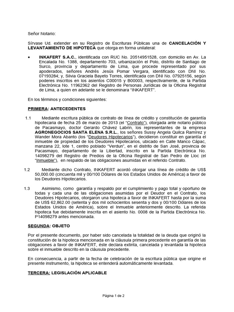 Minuta Levantamiento de Hipoteca | Descargar gratis PDF | Ley de ...