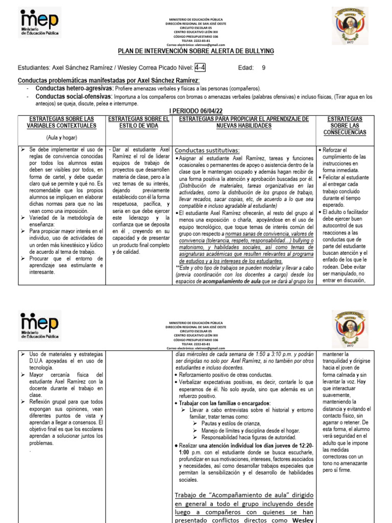 Plan de Intervención Sobre Alerta de Bullying 2022 | PDF | Las ...
