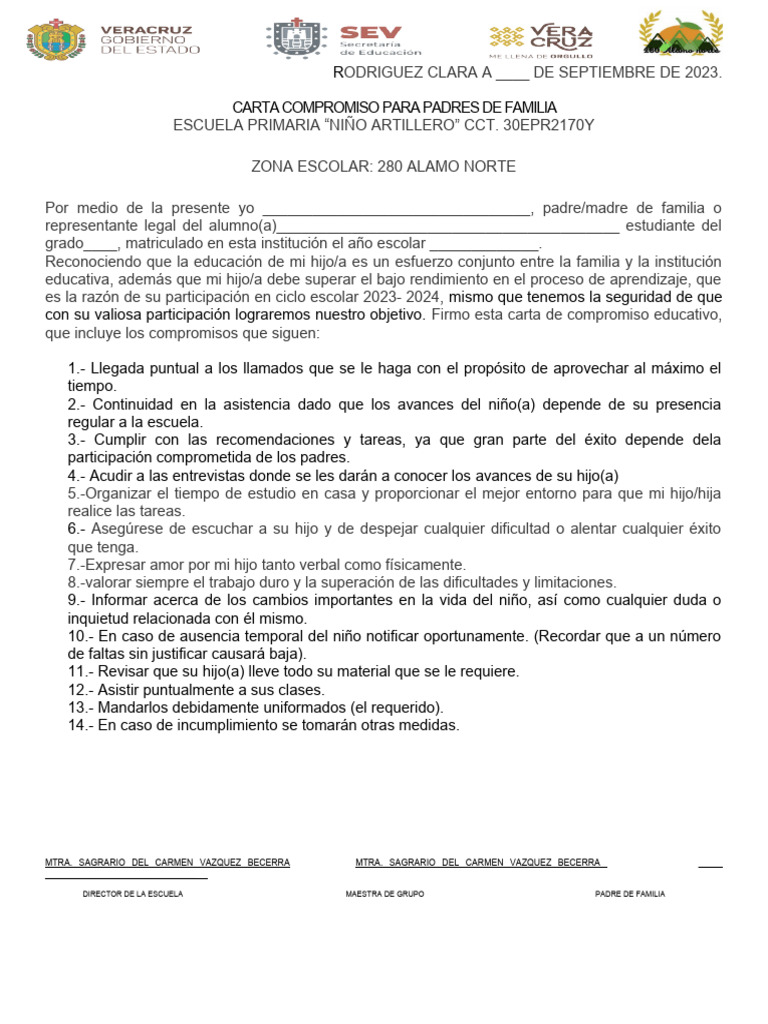 Carta Compromiso Escuela | PDF