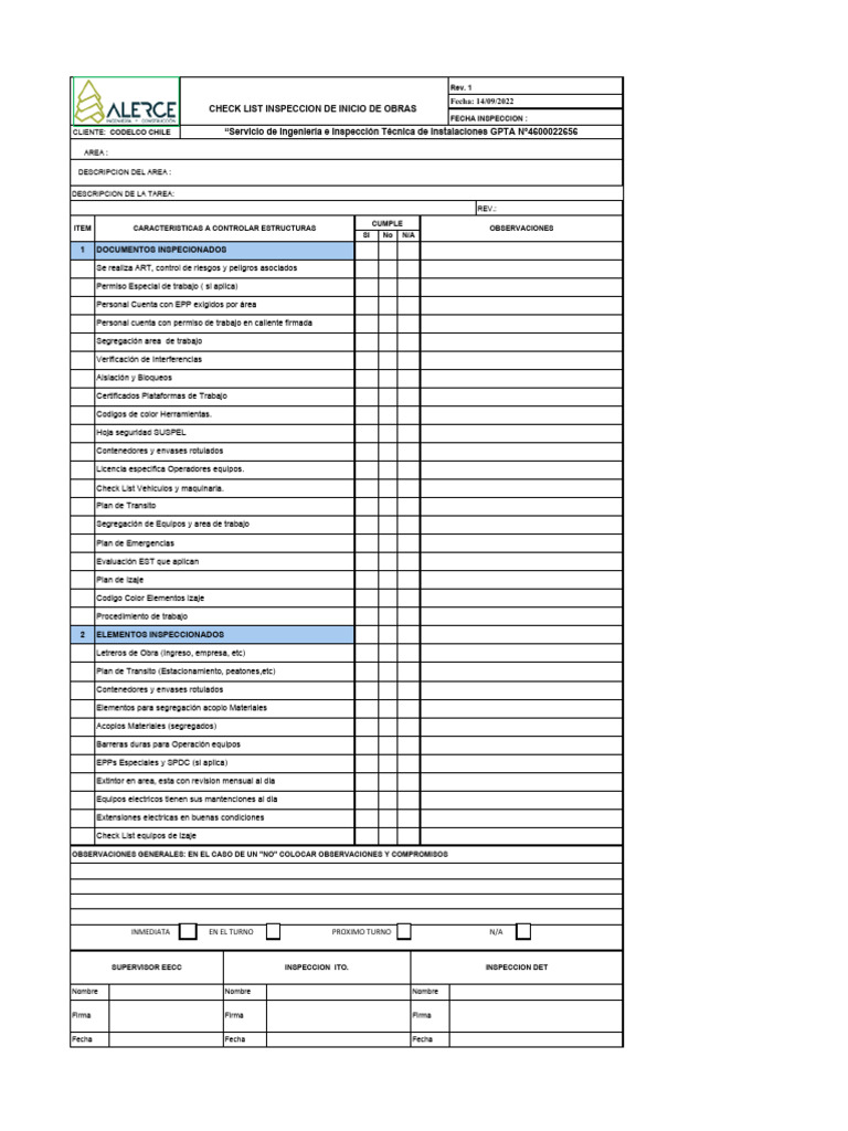 Check List-Insp-Inicio de Obras-003 Rev01 | PDF