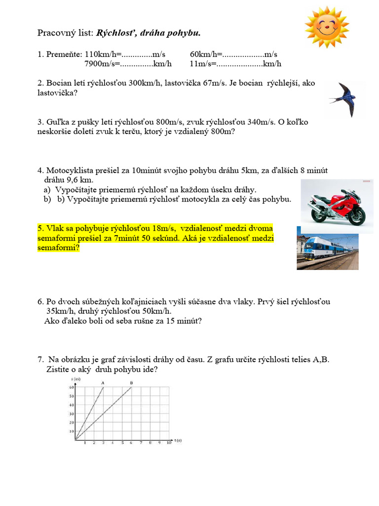 Pracovný List 1 - Rýchlosť, Dráha Pohybu | PDF