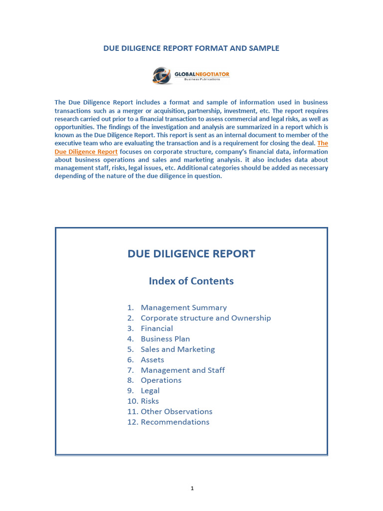 Due Diligence Report Format Sample | PDF | Due Diligence | Business