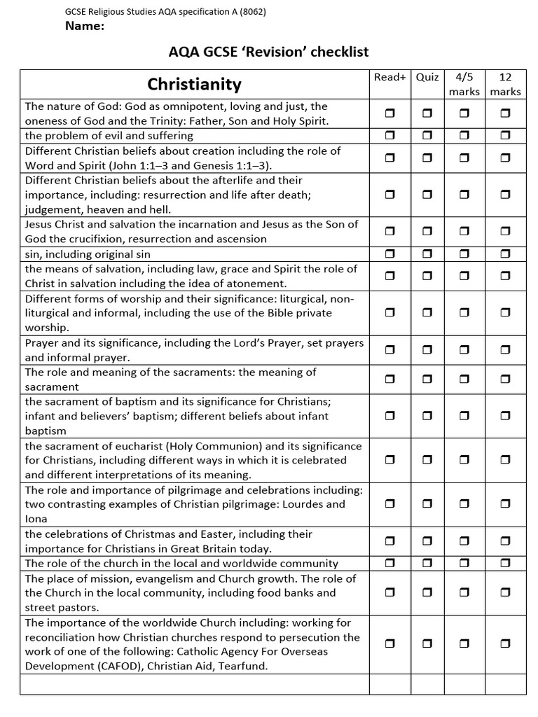 GCSE RAG Checklist For Revision | PDF | Sacraments | Baptism