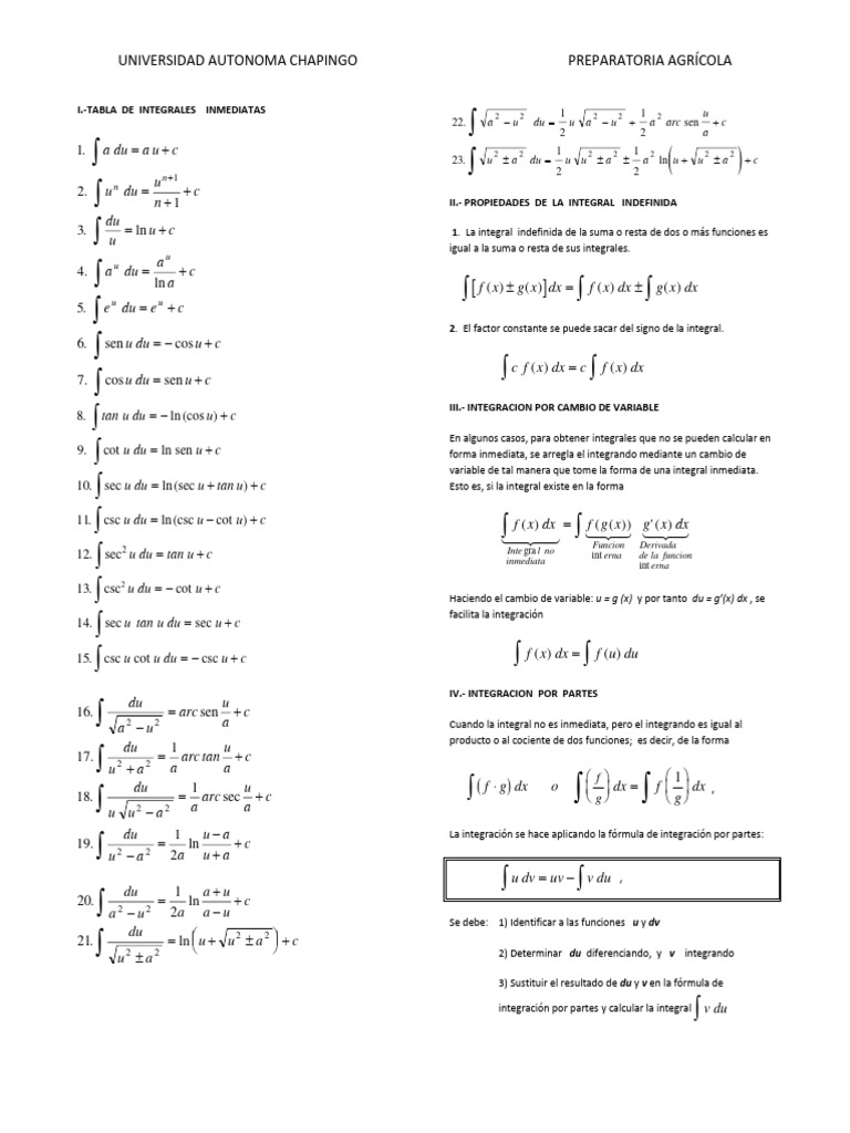 Formulas de Integracion | PDF | Integral | Cálculo