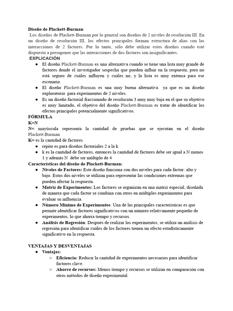 Diseño de Plackett-Burman: Eficiencia Experimental | PDF | Experimentar ...