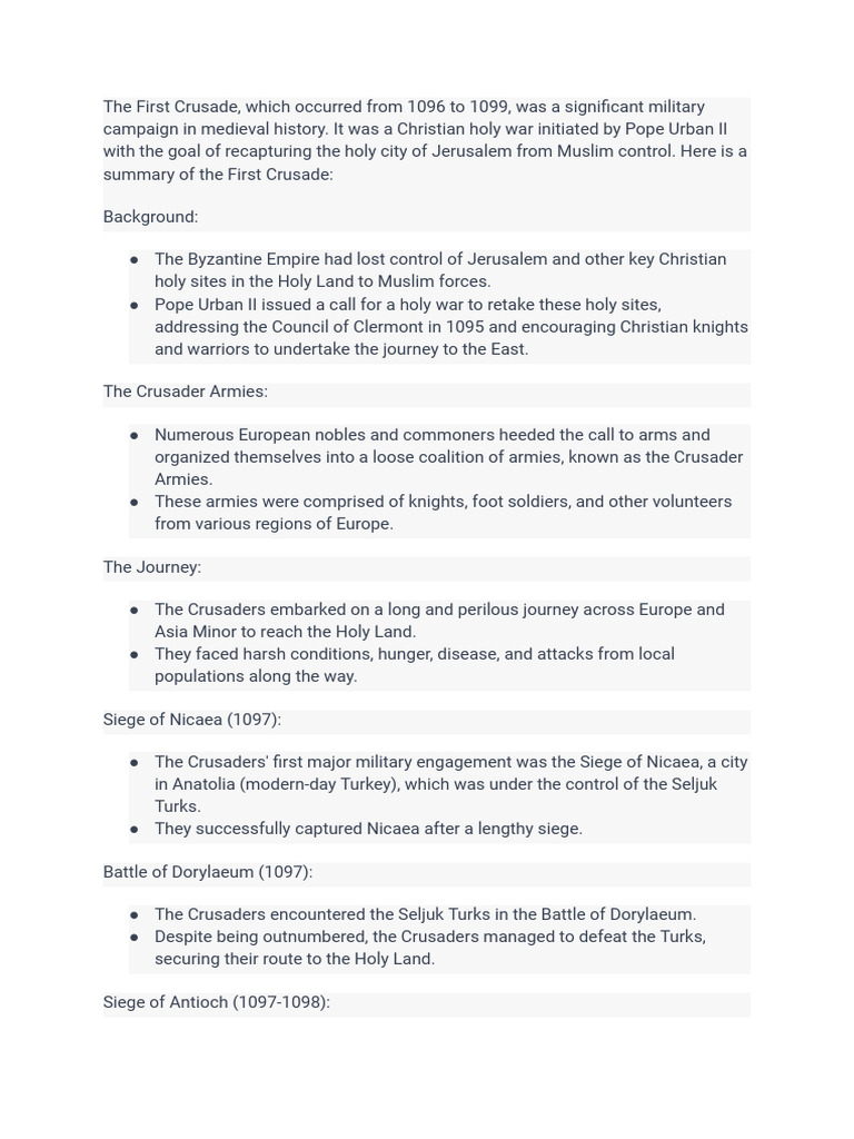 Summary of The First Crusade | PDF | Crusades | Middle Ages