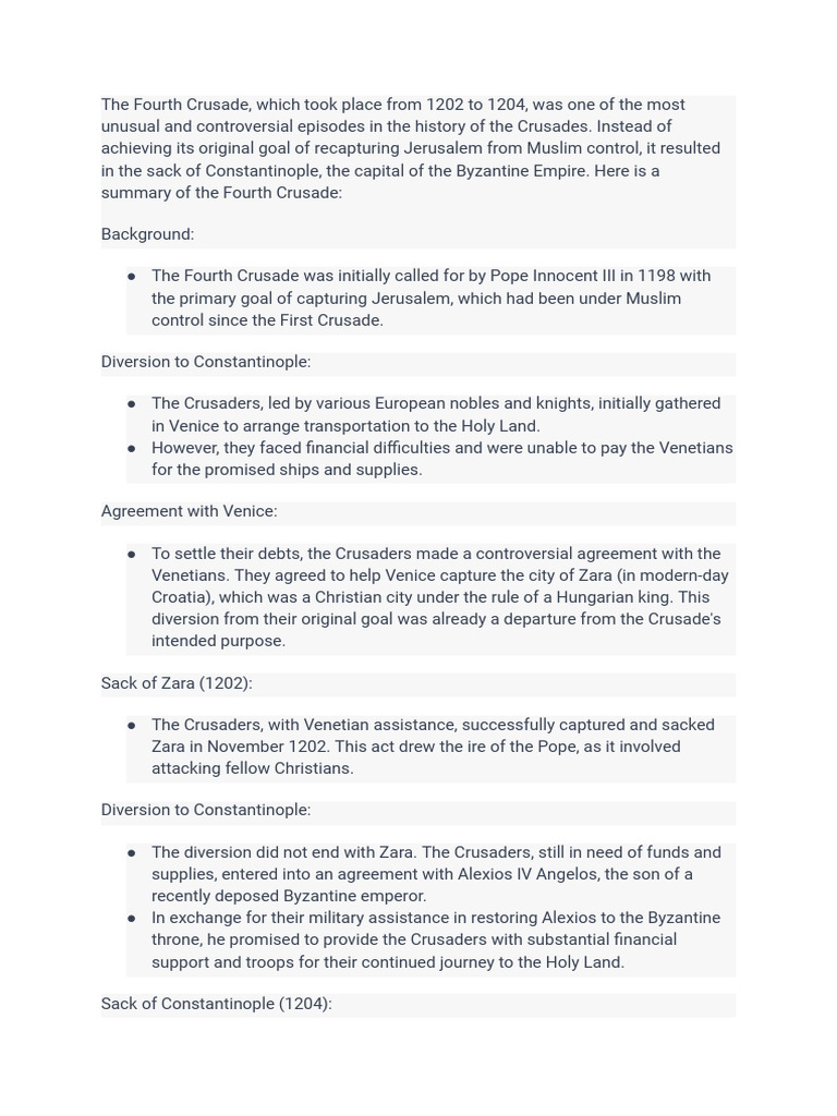 The Controversial Fourth Crusade Summary | PDF | Crusades | Byzantine ...