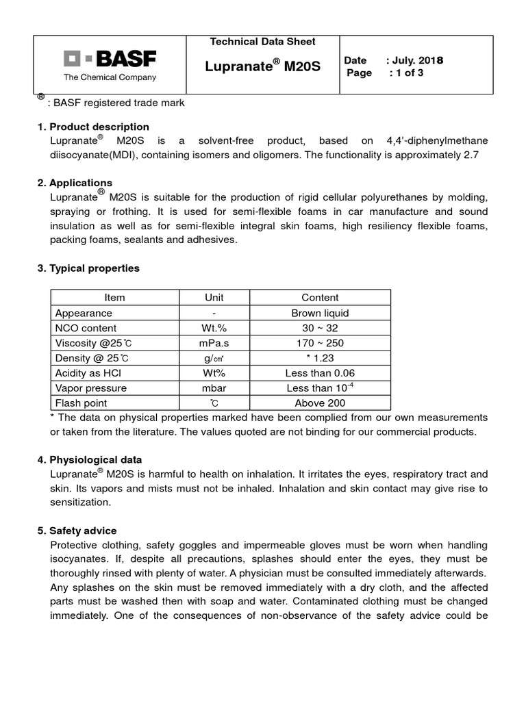 Basf Tds - Lupranate m20s | PDF | Materials | Chemistry