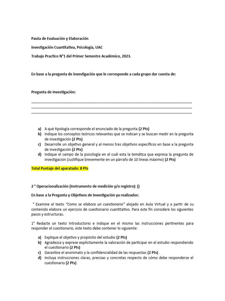 Pauta de ElaboraciÃ N y EvaluaciÃ N Trabajo Practico NÂ°1 InvestigaciÃ N Cuantitativa 2023 | PDF ...