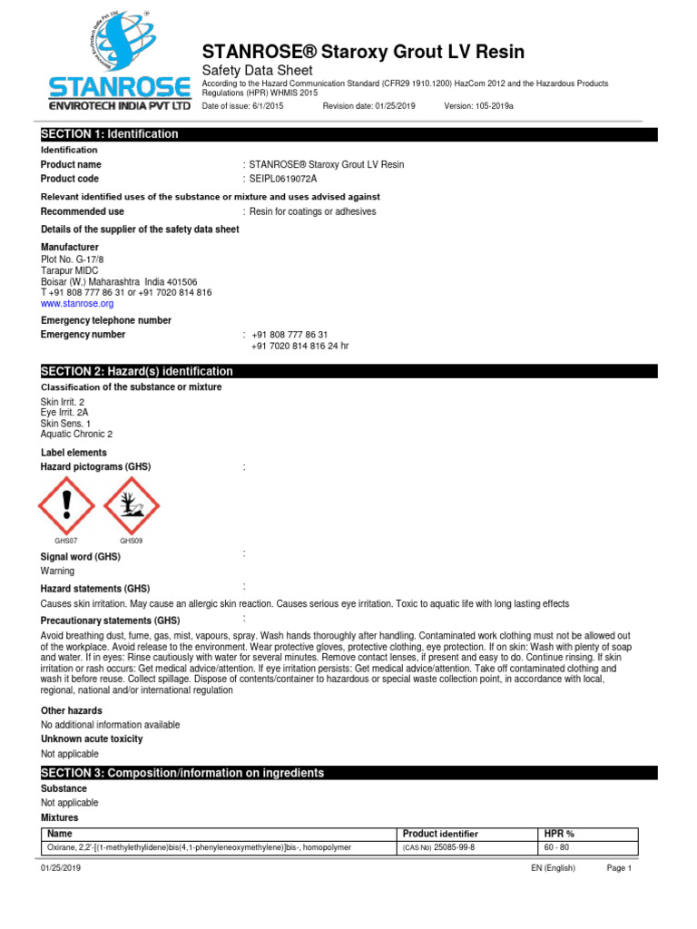 Staroxy Grout LV Msds PDF | PDF | Injury | Toxicity