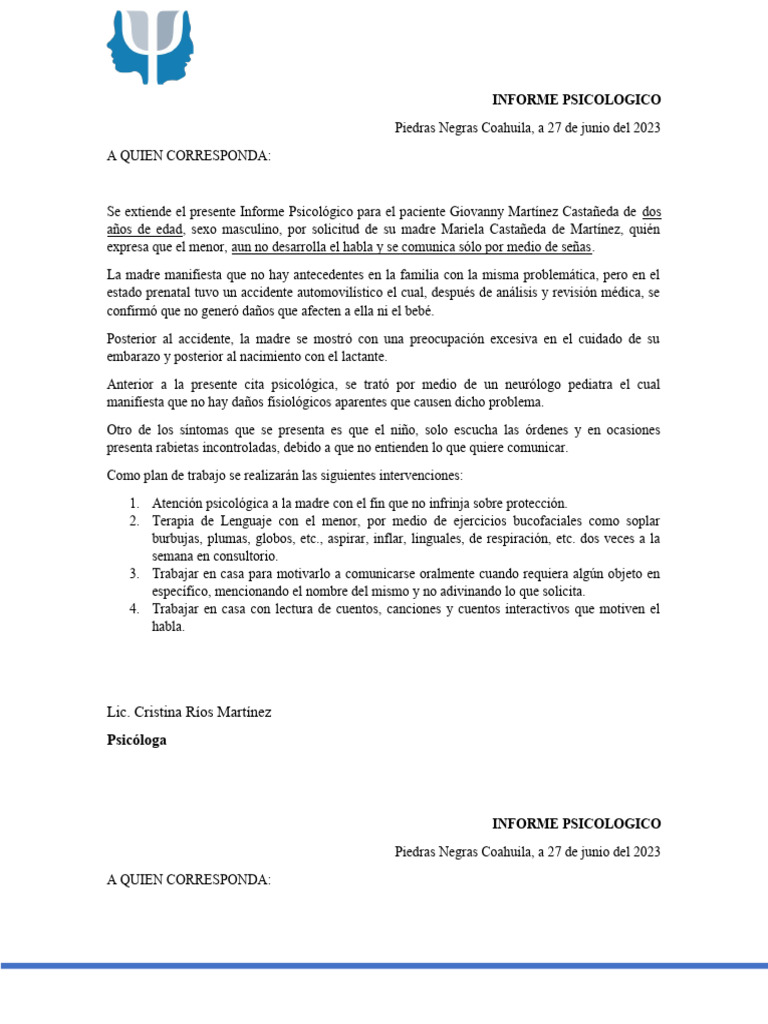 Informe Psicologico | PDF | Desorden hiperactivo y deficit de atencion | Ciencias del comportamiento