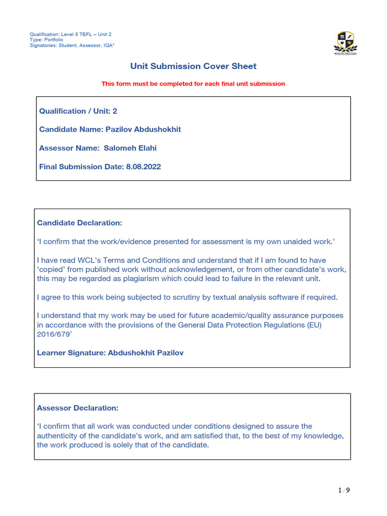 TEFL-TESOL. Unit 2. Assignment | PDF | Part Of Speech | Grammatical Number